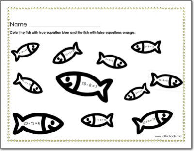 Color the fish with true equation blue and the fish with false ...