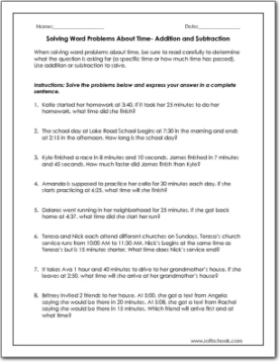 Solving Word Problems About Time- Addition and Subtraction Worksheet
