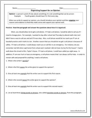 Organizing Support for an Opinion Worksheet