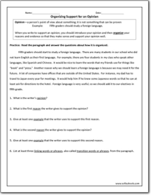 Organizing Support for an Opinion Worksheet