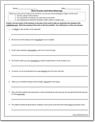 More Practice with Word Meanings Worksheet