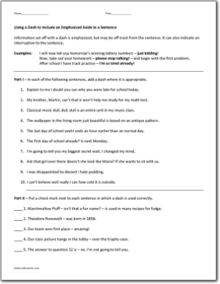 Using a Dash to Include an Emphasized Aside in a Sentence Worksheet