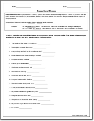 Prepositional Phrases Worksheet